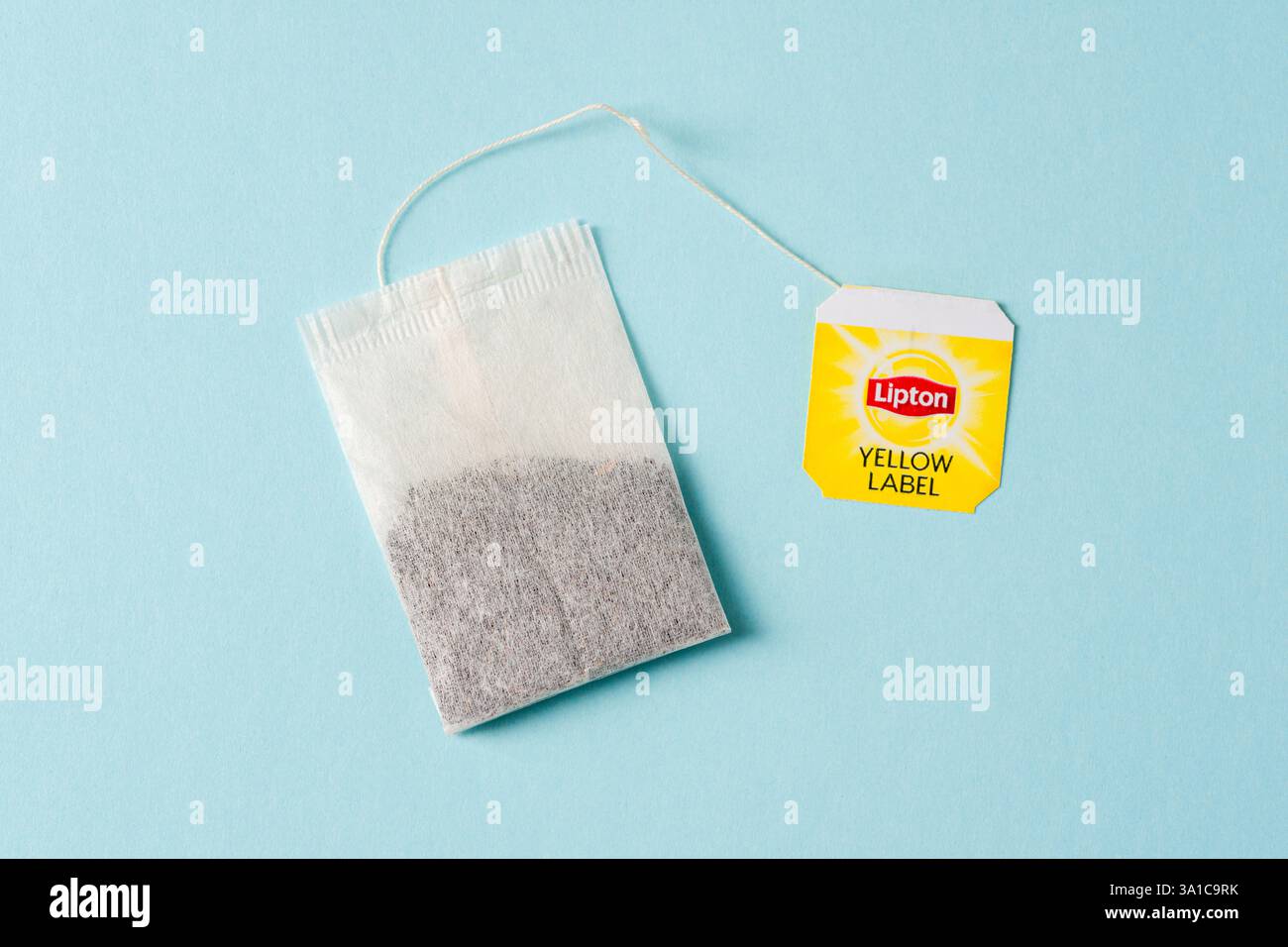Antalya, Turkey - March 6, 2025: Lipton Yellow Label tea bag on blue ...