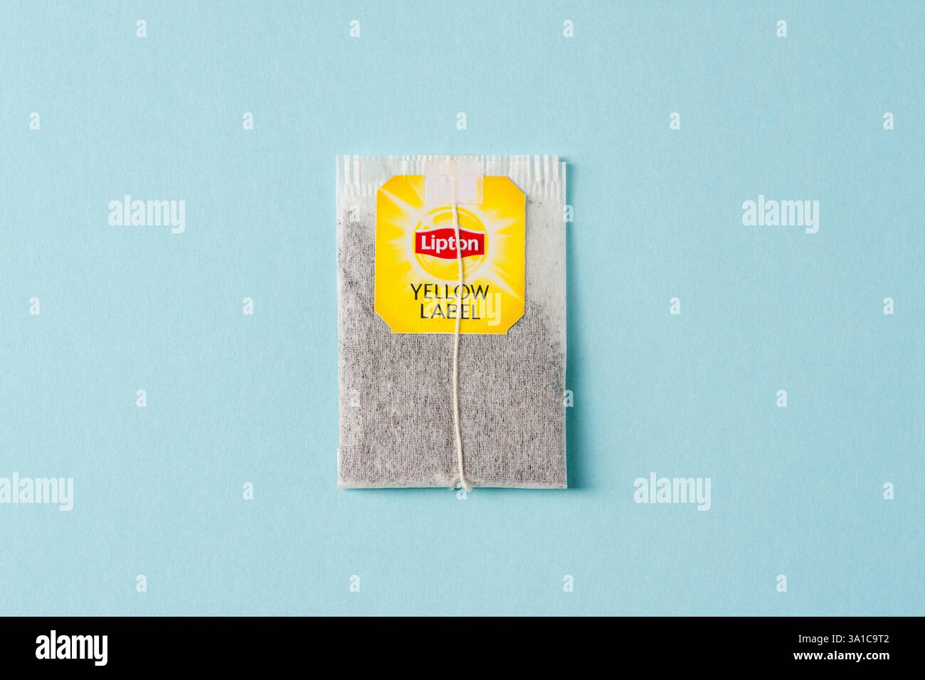 Antalya, Turkey - March 6, 2025: Lipton Yellow Label tea bag on blue ...