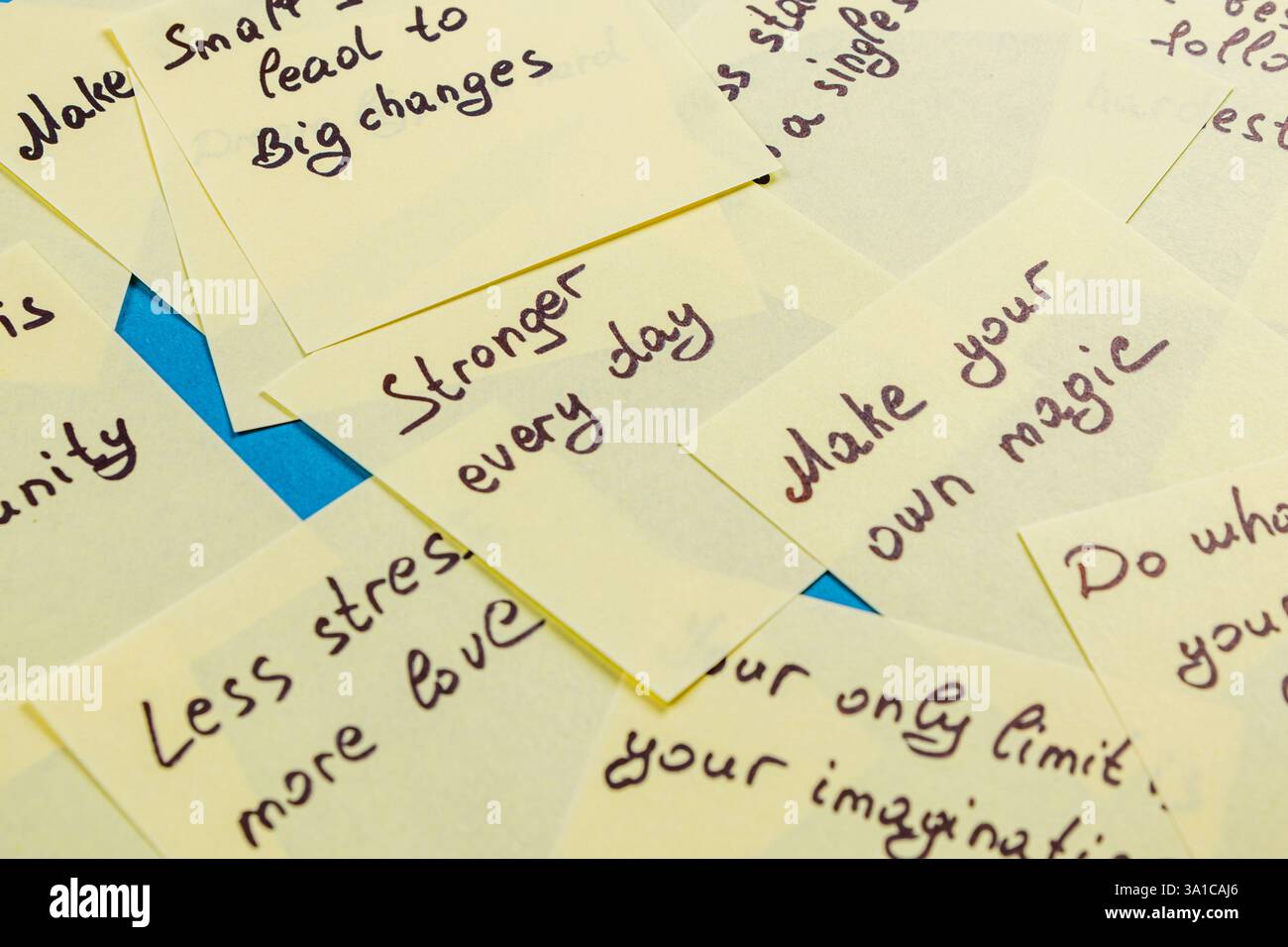 Bright yellow sticky notes filled with motivational phrases lie ...