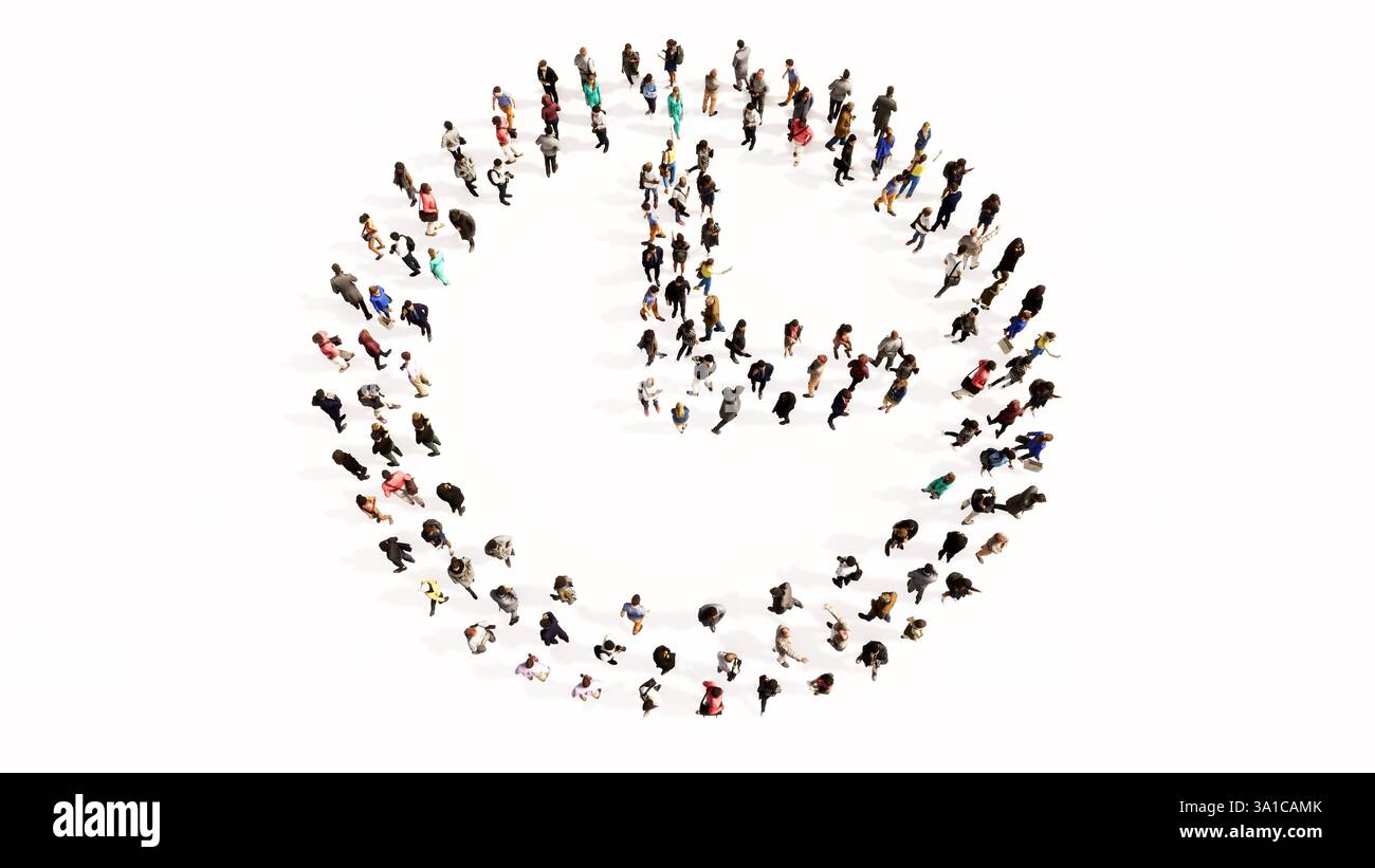 Concept conceptual large community of people forming the clock icon. 3d ...