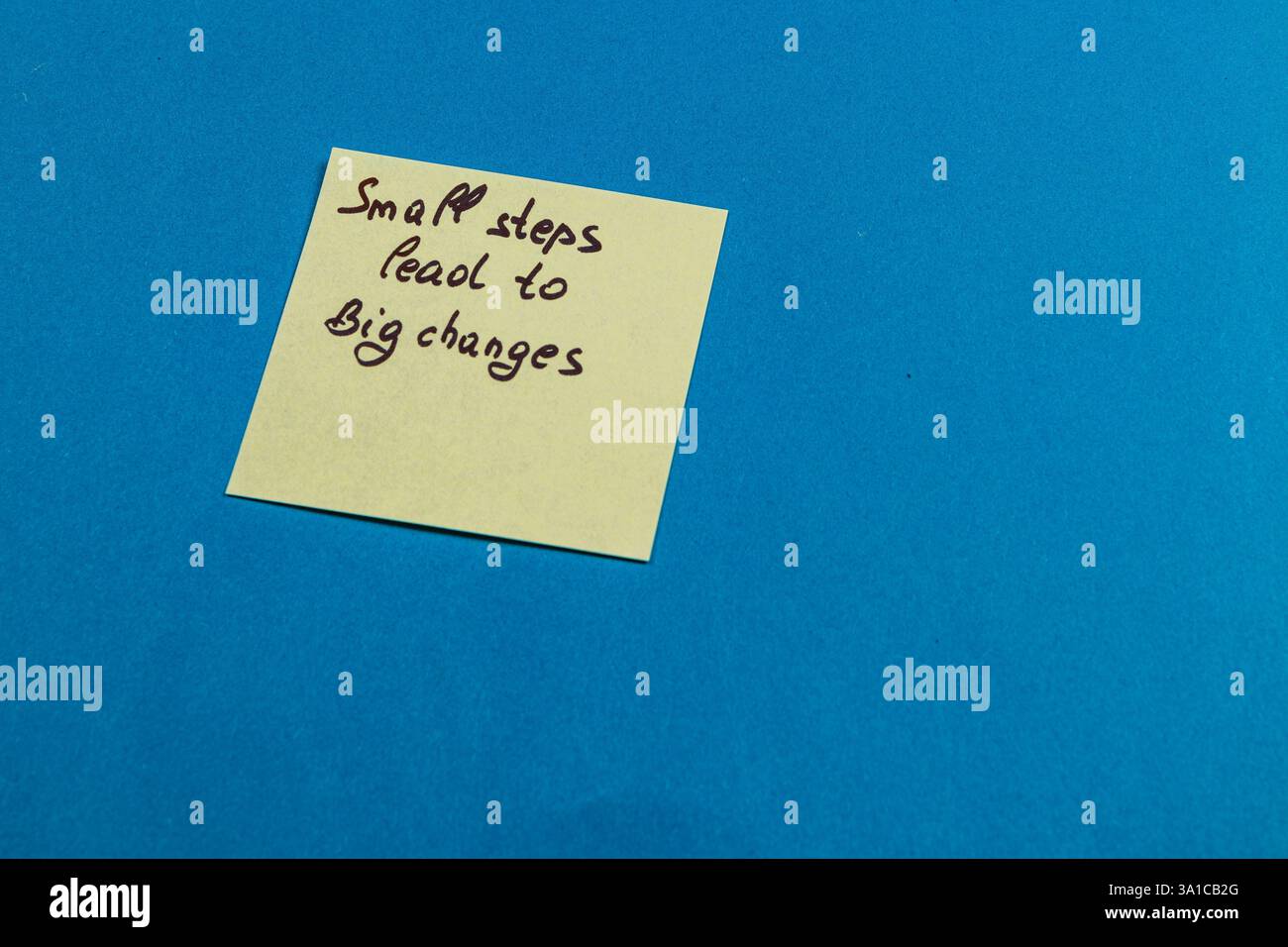 A bright yellow sticky note on a blue background displays the ...