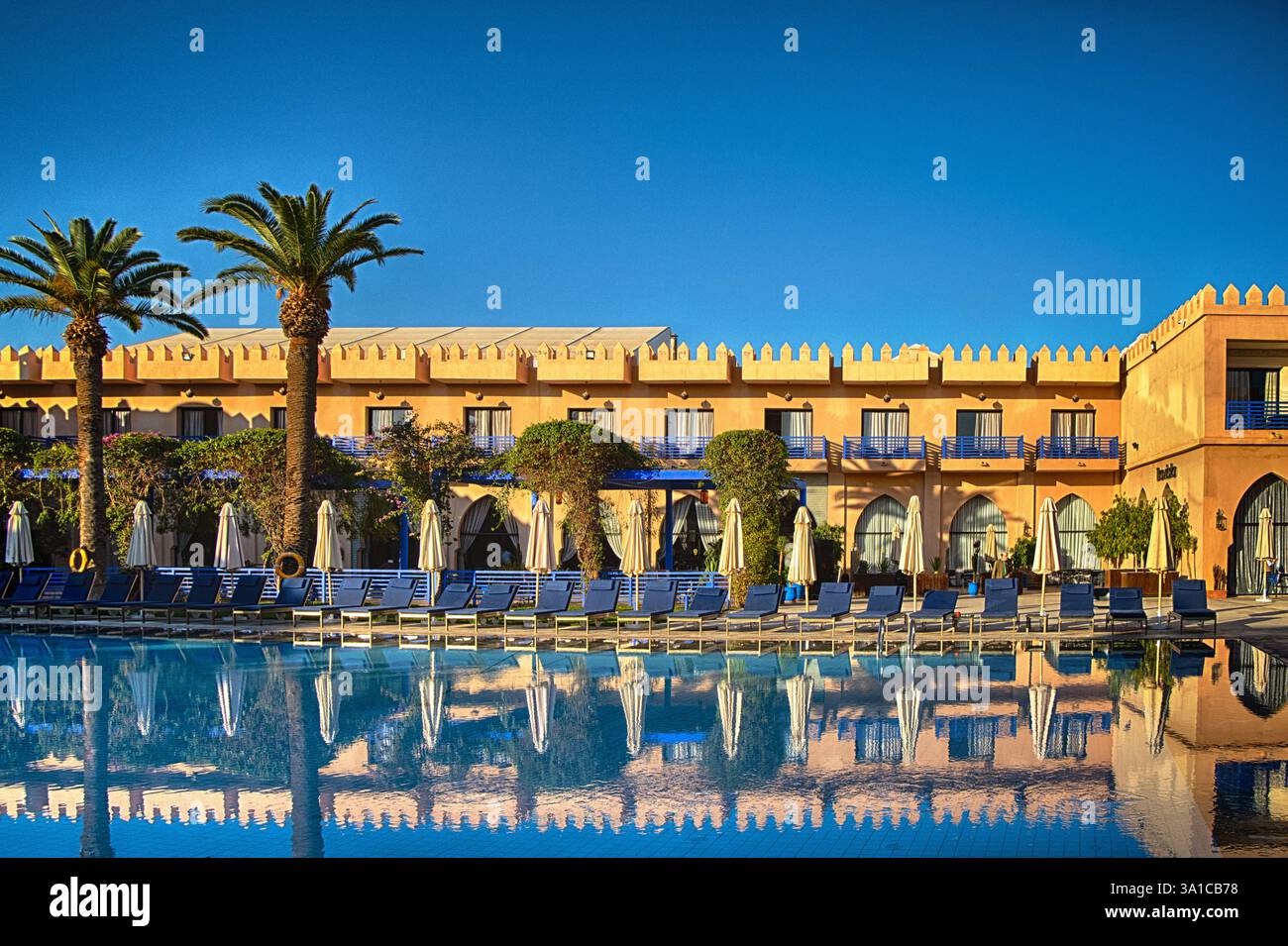 Marrakesh, Morocco - view of the swimming pool of a modern resort in ...