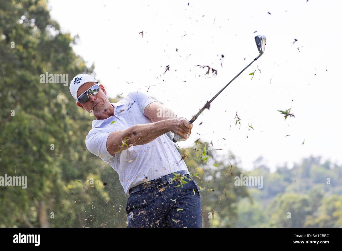 Co-Captain Henrik Stenson of Majesticks GC hits his shot from the fifth ...