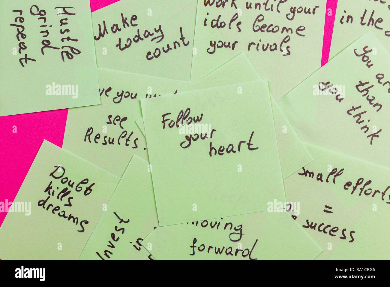 A collection of handwritten motivational notes in bright green ...