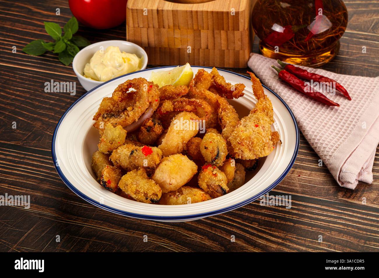 Fritto misto - deep fried seafood mix - calamari, prawn, fish, mussels ...