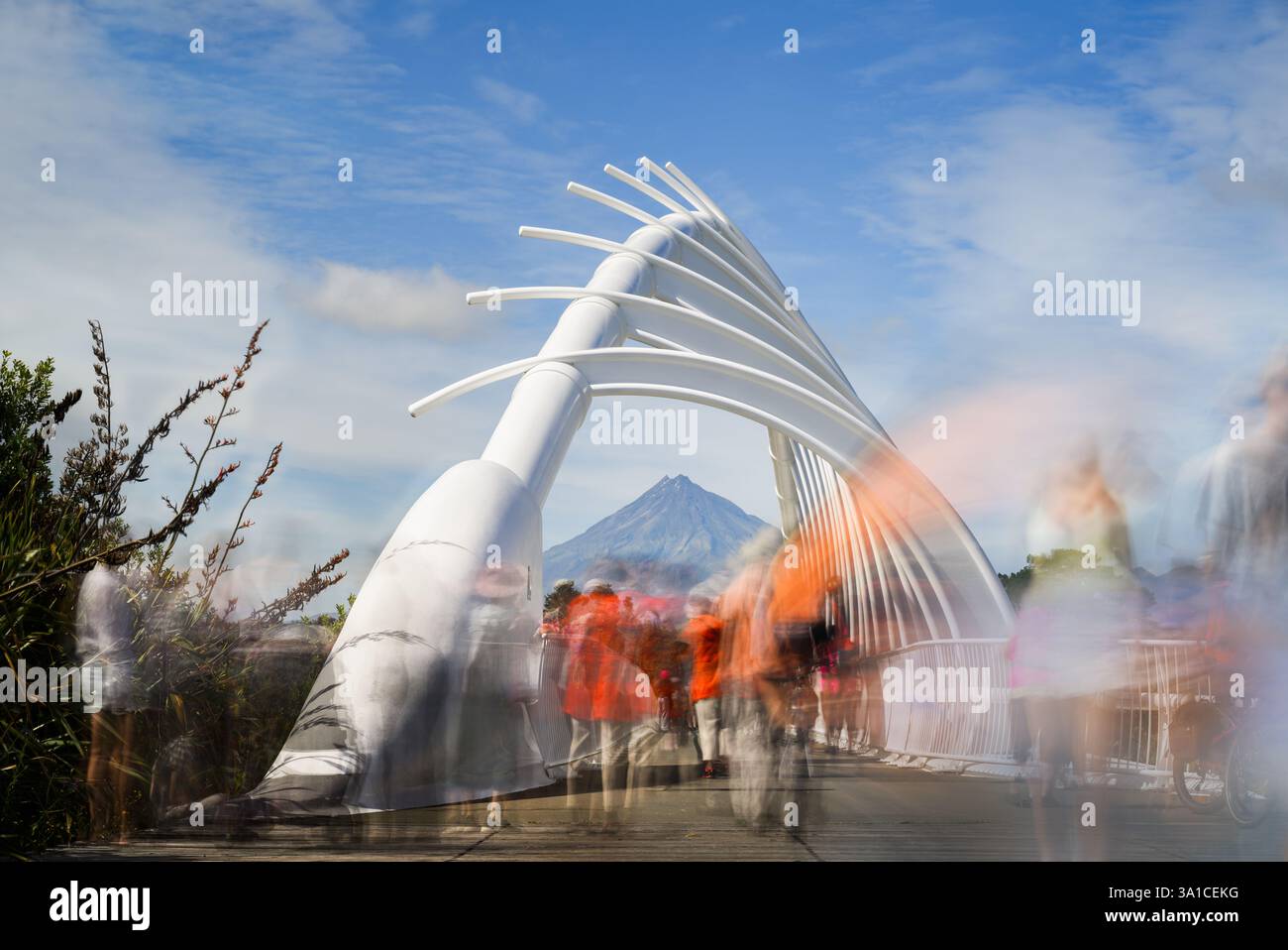 Tourists at Te Rewa Rewa Bridge. Mt Taranaki in the distance. Long ...