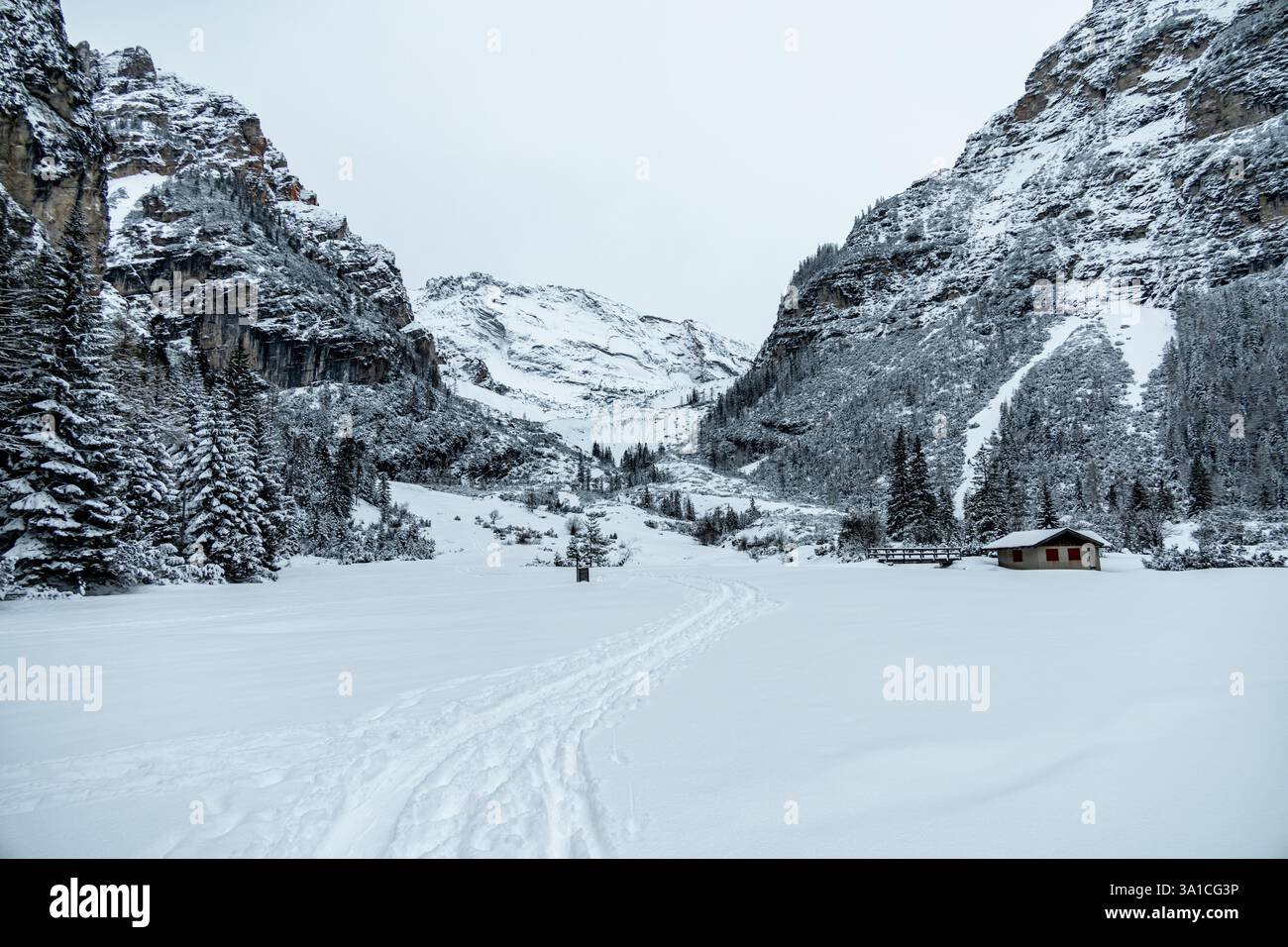 A walk through the deep snow in the South Tyrolean region at the Pederü ...