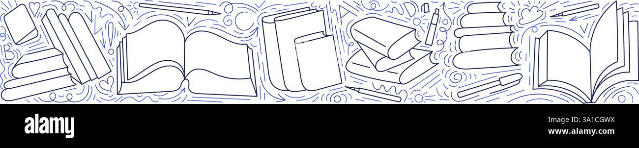 Book stack line pattern, art sketch border. Education concept on ...