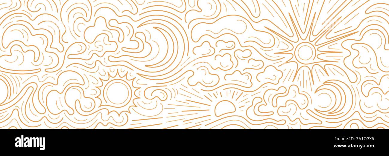 Sun, moon, cloud patern. Landscape with sea, ocean, wave. Chinese line ...