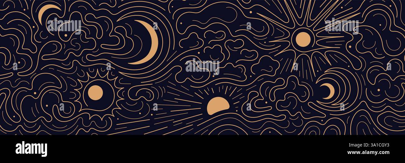 Sun, moon, cloud backdrop. Chinese line pattern. Bohemian minimalist ...