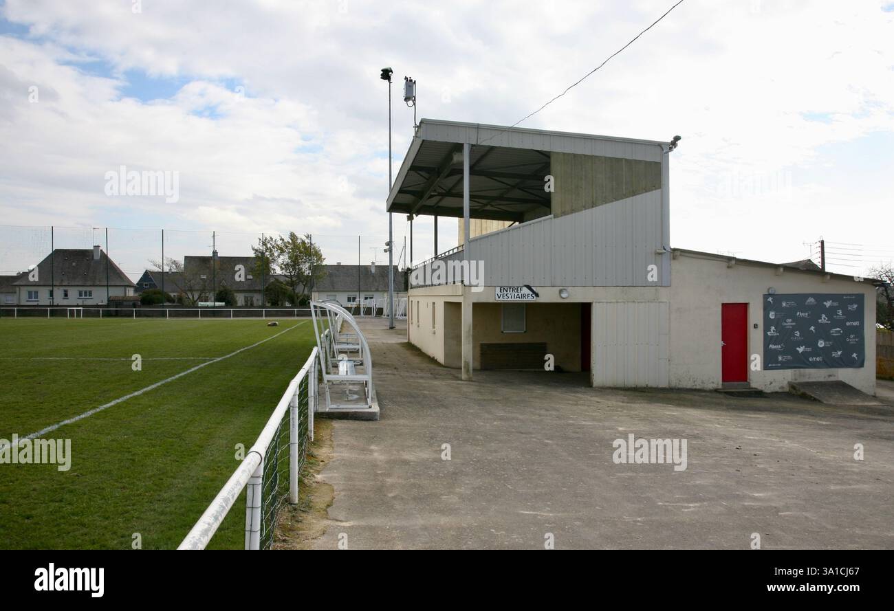 A view of the main spectator stand at the Maen Roch Football Club, in ...