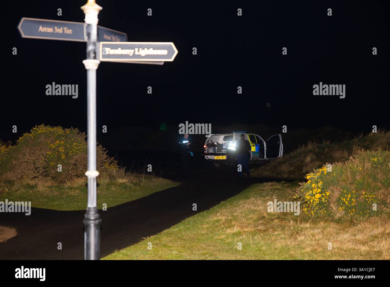 Ayr, UK. 08 MAR, 2025. Police arrive at the scene scene as members of ...