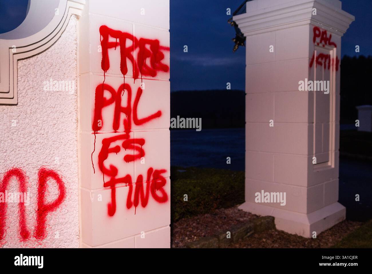 Ayr, UK. 08 MAR, 2025. Spray painted Graffiti as members of group ...