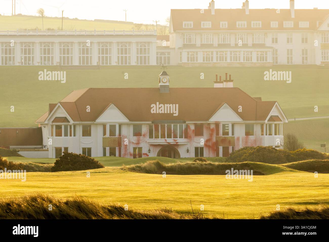Ayr, UK. 08 MAR, 2025. Club house covered in red paint as members of ...