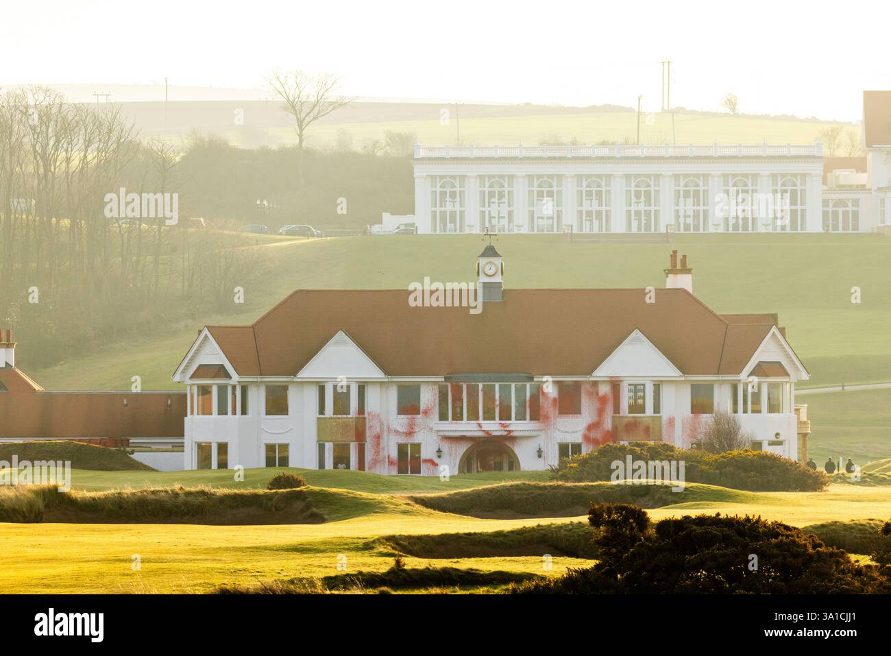 Ayr, UK. 08 MAR, 2025. Club house covered in red paint as members of ...