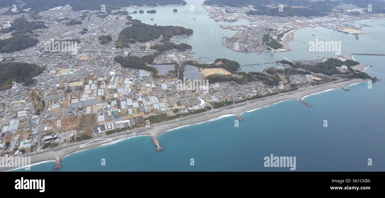 An aerial photo shows Katsurahama beach area of Urado Bay, Kochi City ...