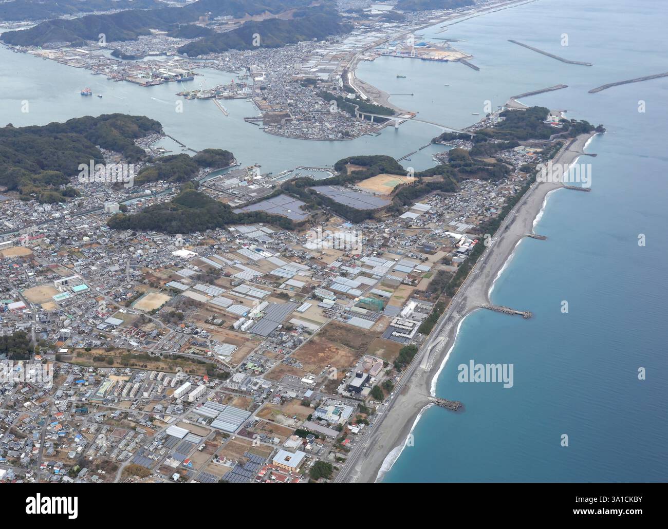 An aerial photo shows Katsurahama beach area of Urado Bay, Kochi City ...