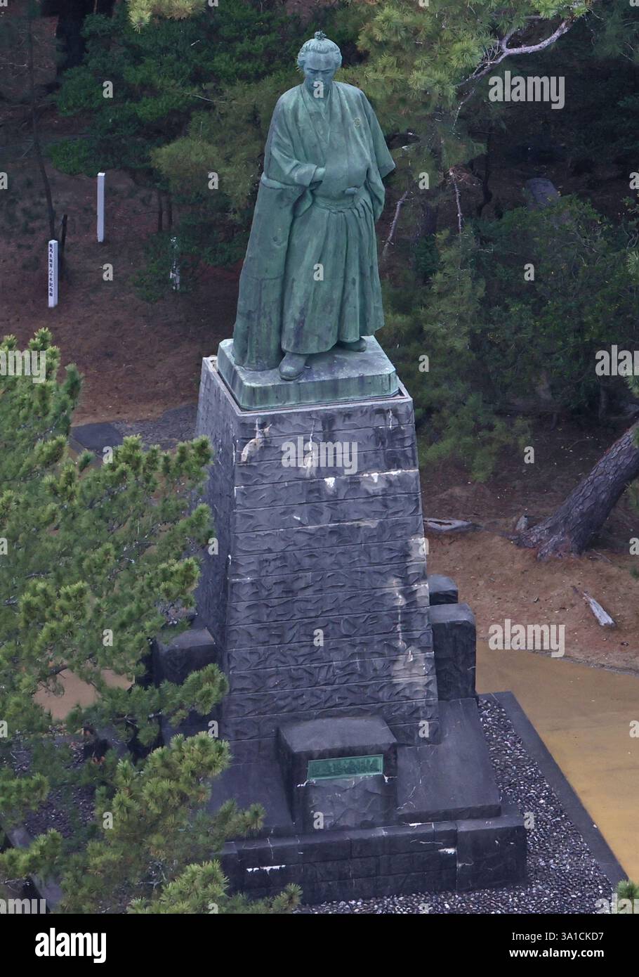 An aerial photo shows a statue of Sakamoto Ryoma at Katsurahama of Urado Bay in Kochi City ...