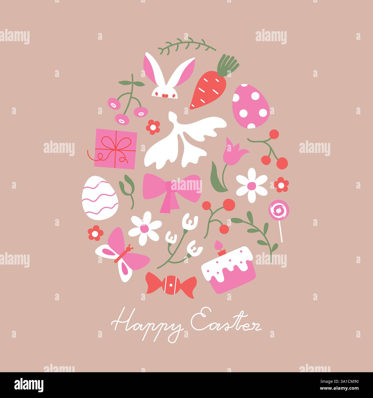 Happy Easter festive banner, card template. Cute egg shape frame with dove, eggs, carrot ...
