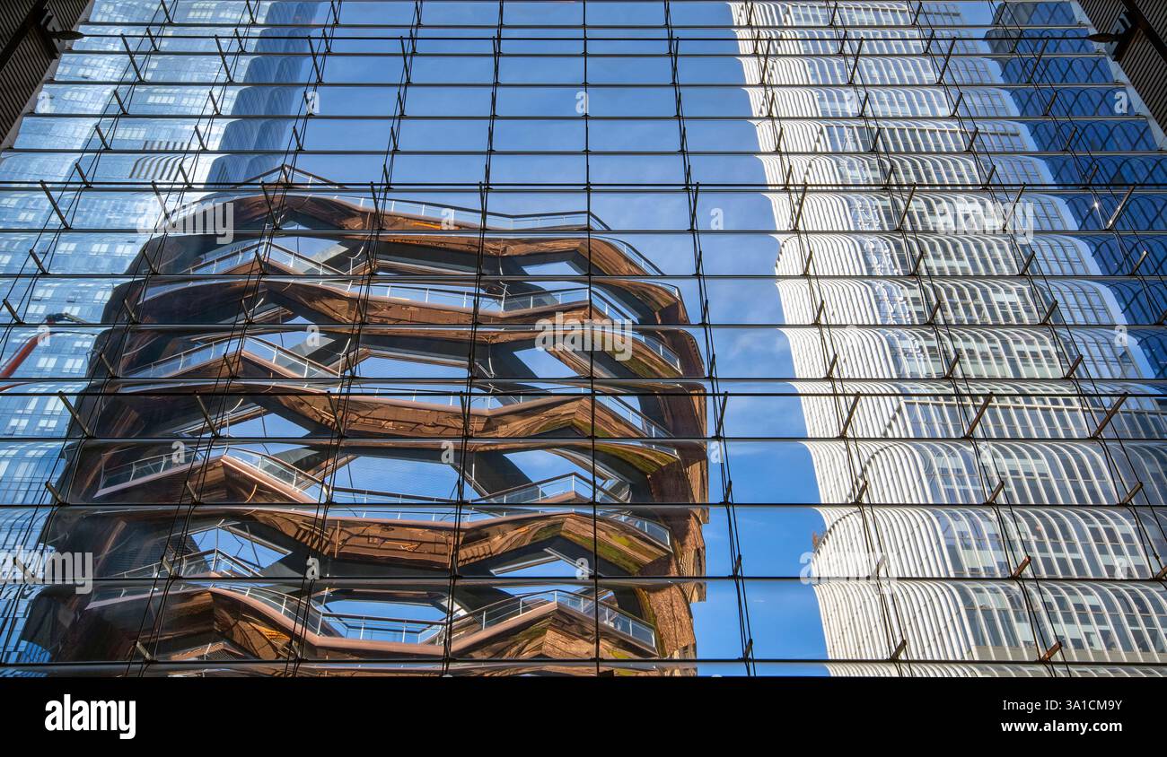 The Vessel building reflected on a skyscraper, Hudson Yards, Manhattan ...