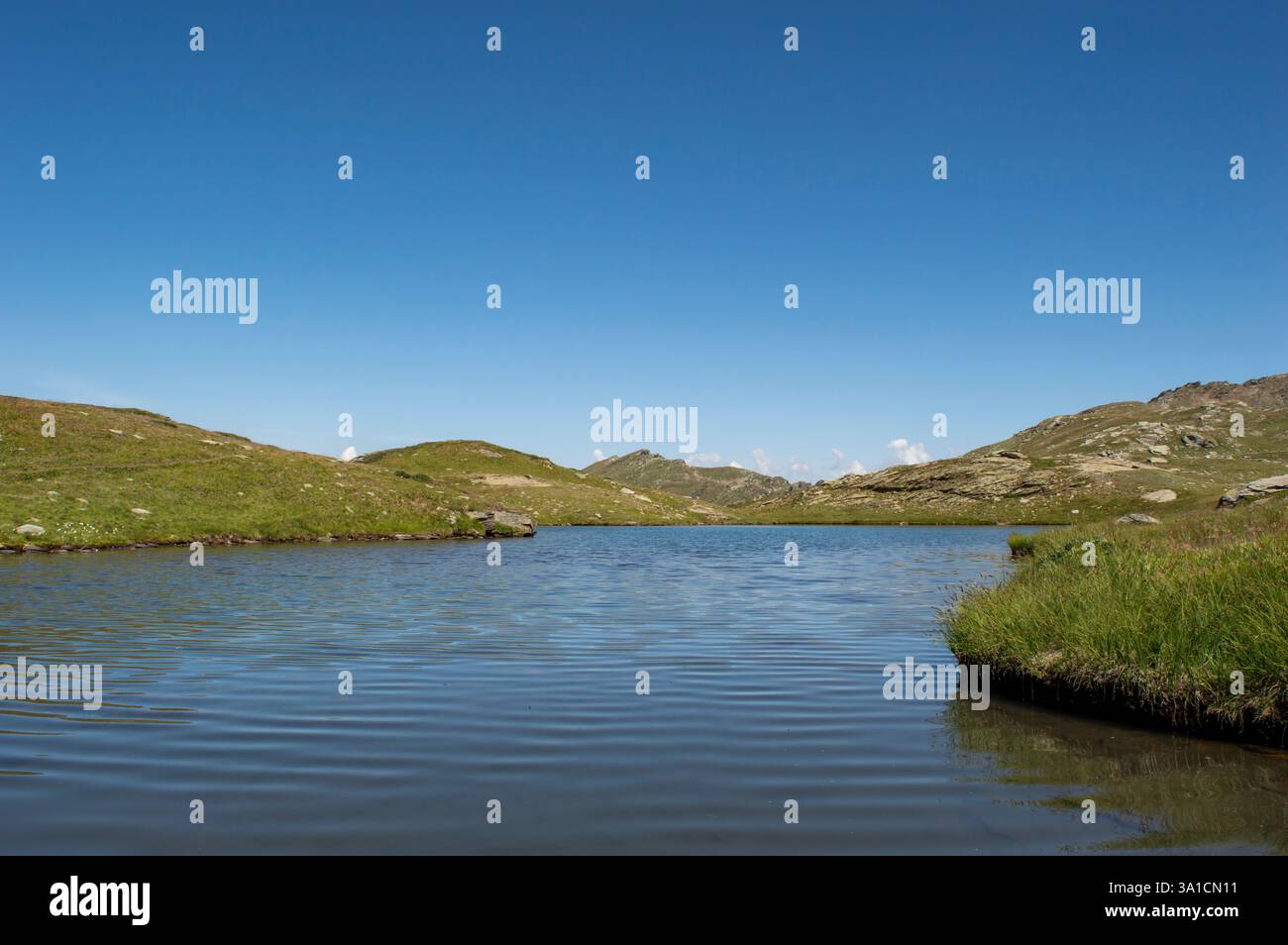 A stunning alpine lake reflecting the surrounding mountains, capturing ...