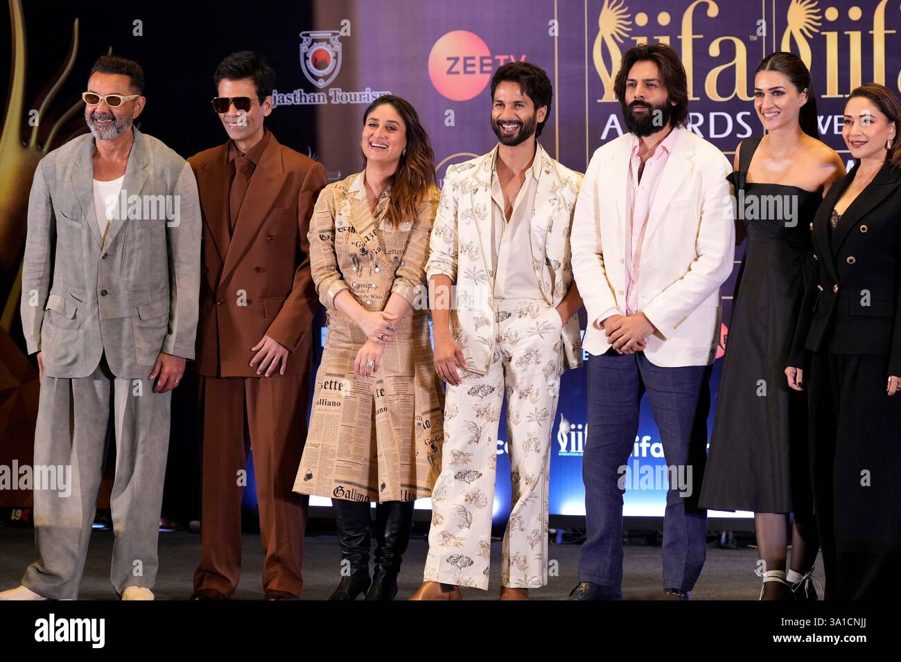 Bollywood actors, L to R: Bobby Deol, Karan Johar, Kareena Kapoor Khan ...