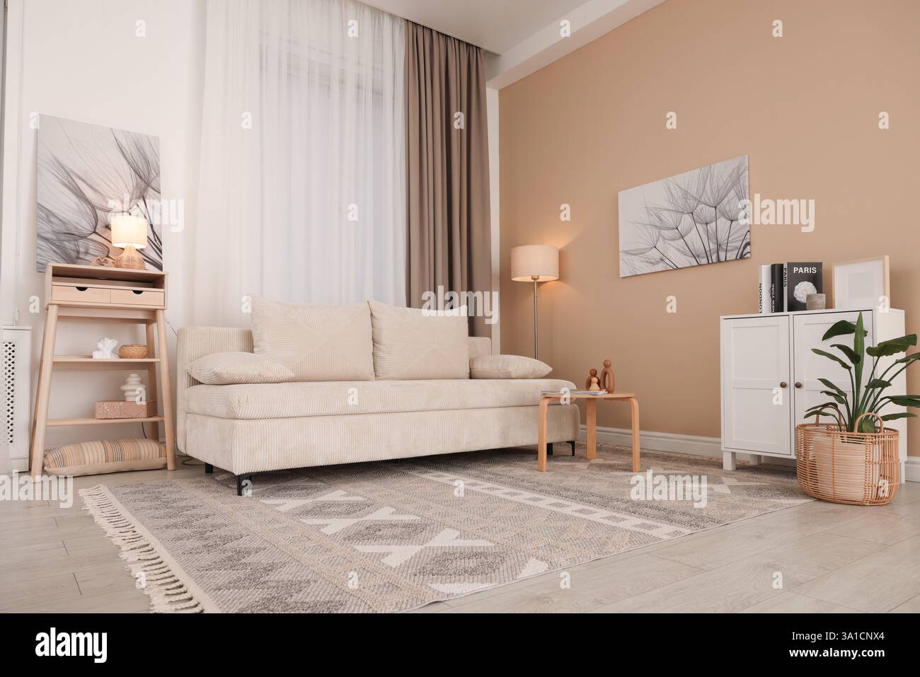 Beautiful furniture and decor in cozy living room, low angle view ...