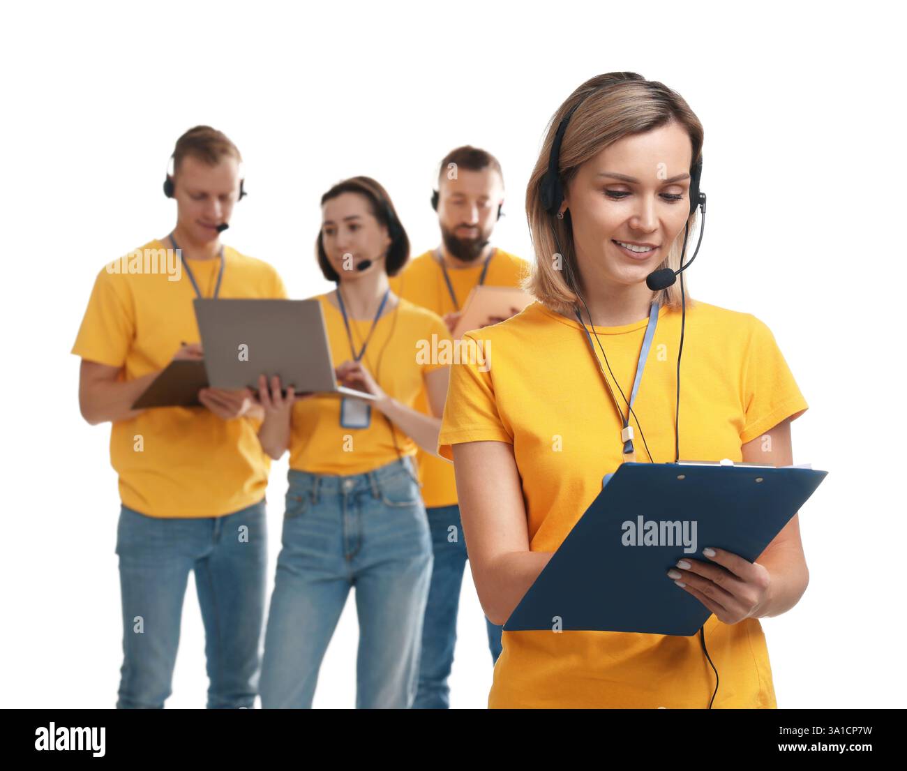 Technical support call center. Team of friendly operators on white ...