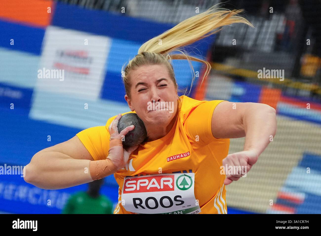 Fanny Roos of Sweden competes in the women's shot put during the ...
