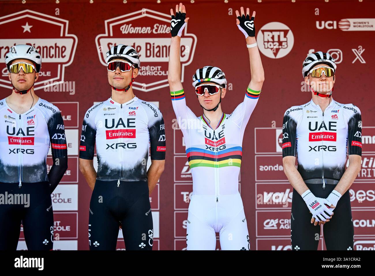 Slovenian Tadej Pogacar of UAE Team Emirates and Belgian Tim Wellens of ...