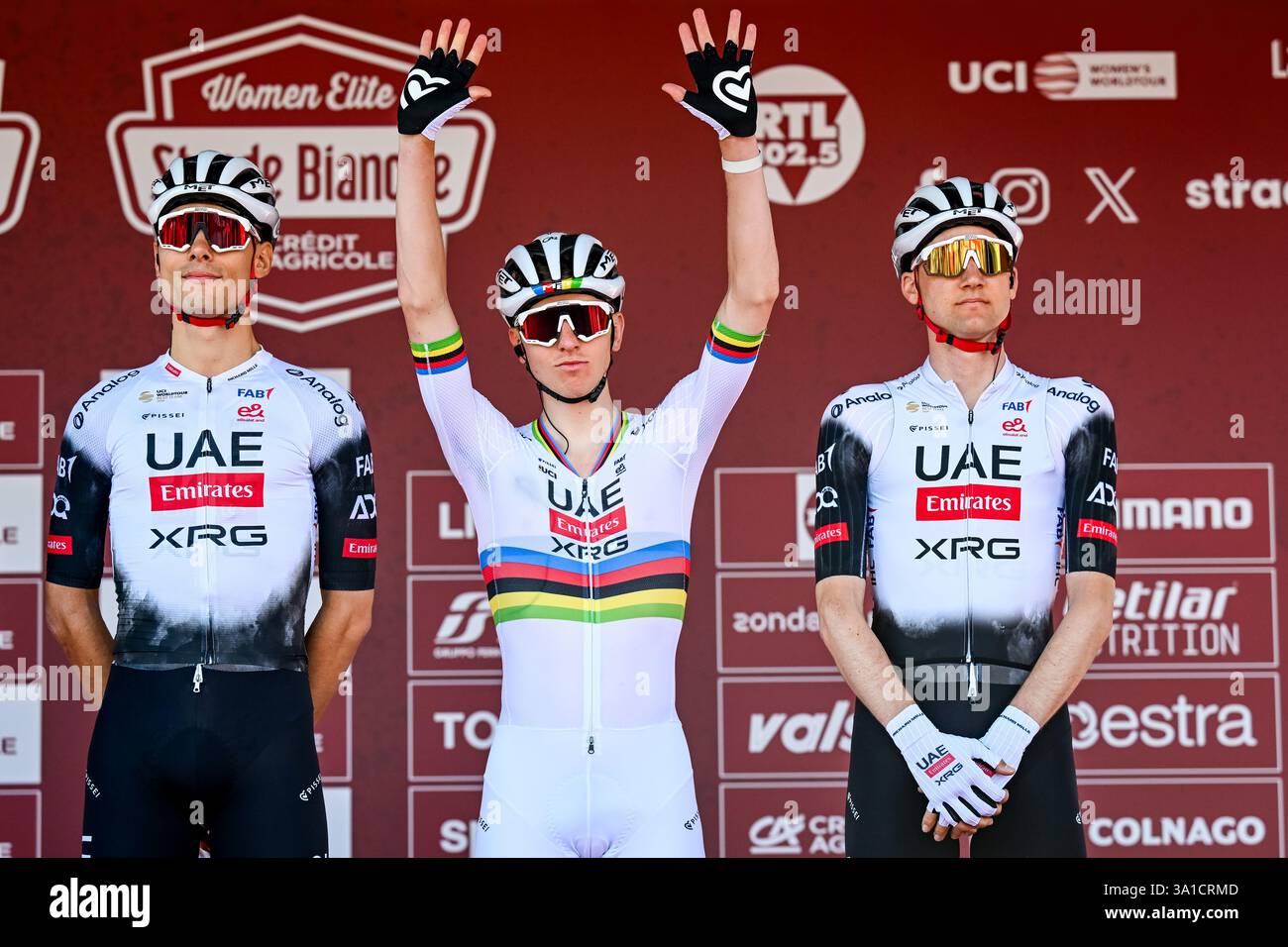 Slovenian Tadej Pogacar of UAE Team Emirates and Belgian Tim Wellens of ...