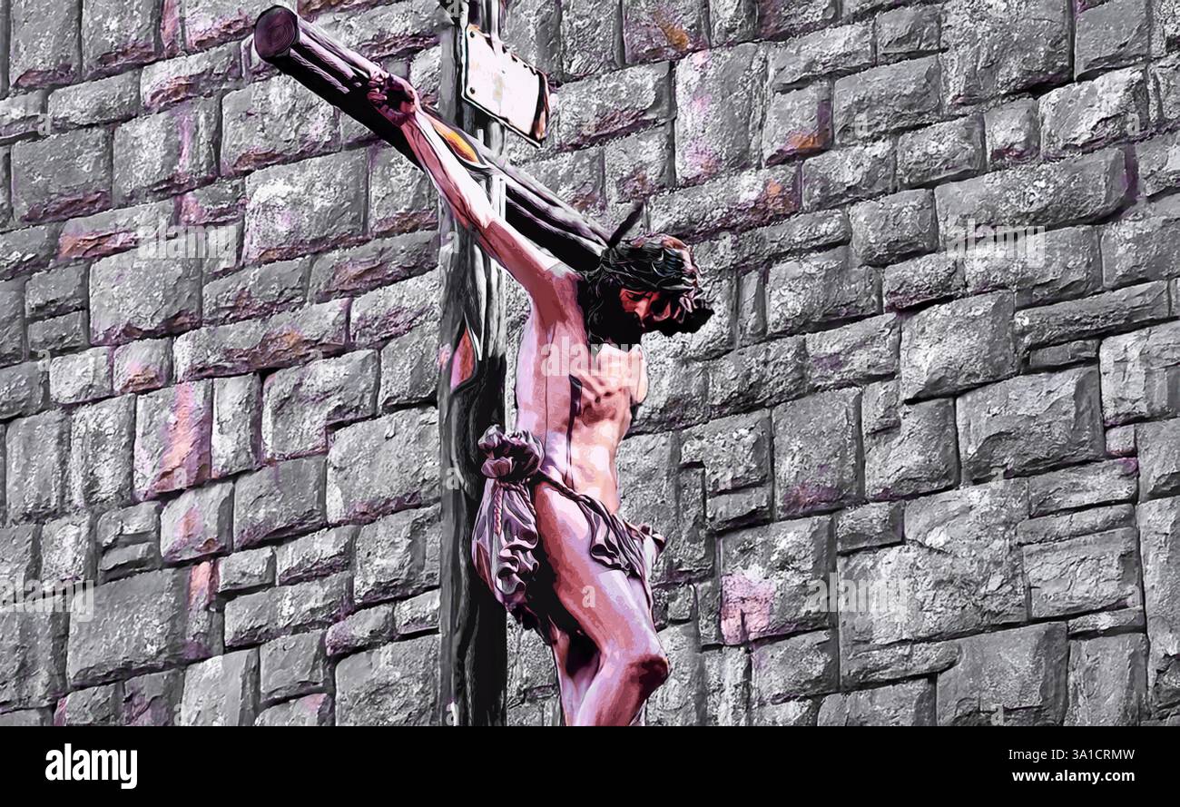 Jesus Christ on the cross towards Mount Calvary Stock Photo - Alamy