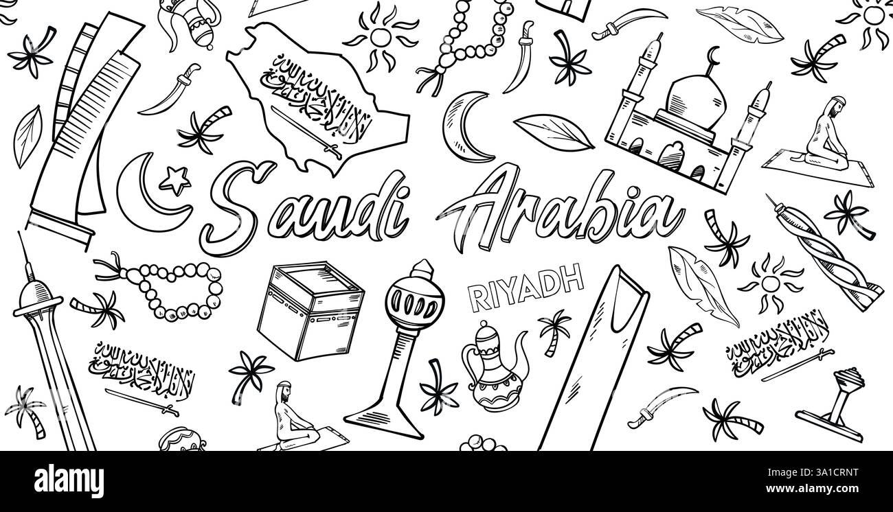 Horizontal Hand drawn Saudi Arabia doodles vector illustration Stock ...