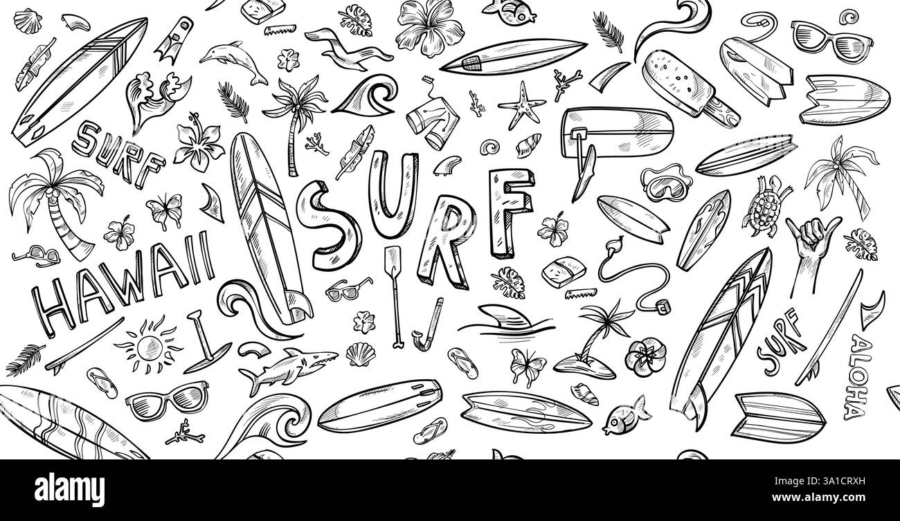 Horizontal background surf Hand drawn doodles elements. clip art vector ...