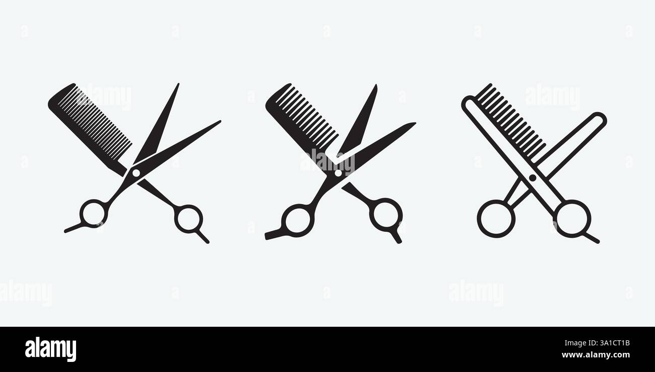 Scissors and hairbrush icon set, crossed scissors and hairbrush ...