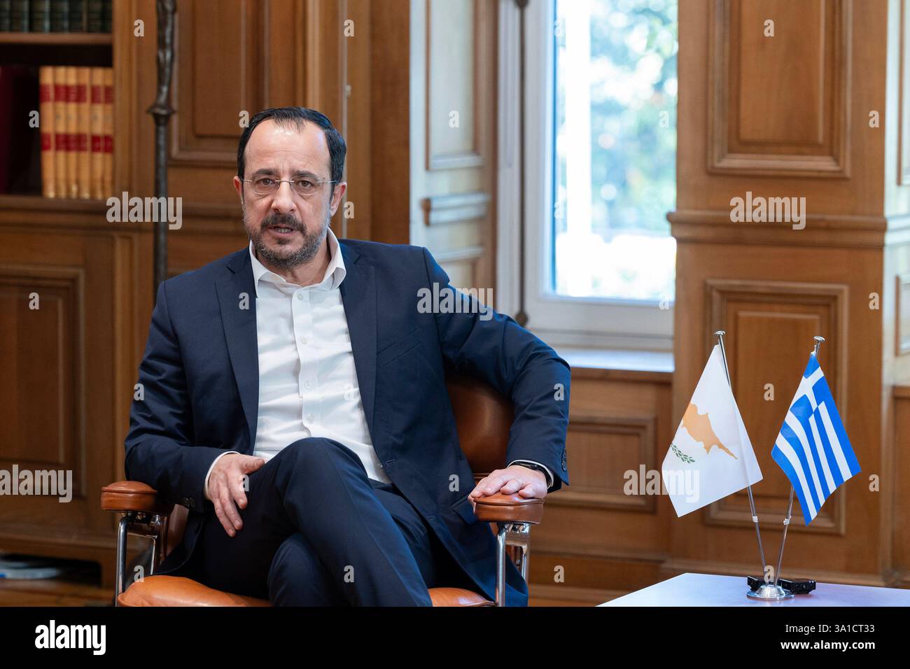 Cyprus' President Nikos Christodoulides speaks during a meeting with ...