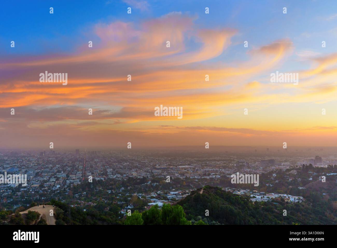 Vivid sunset over Los Angeles skyline, seen from Griffith Observatory ...