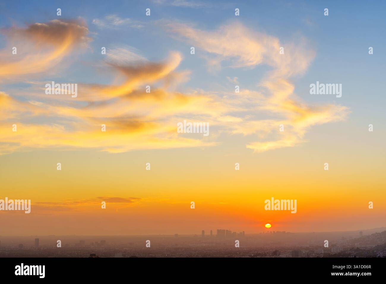 Stunning sunset over Los Angeles downtown skyline, vibrant colors ...