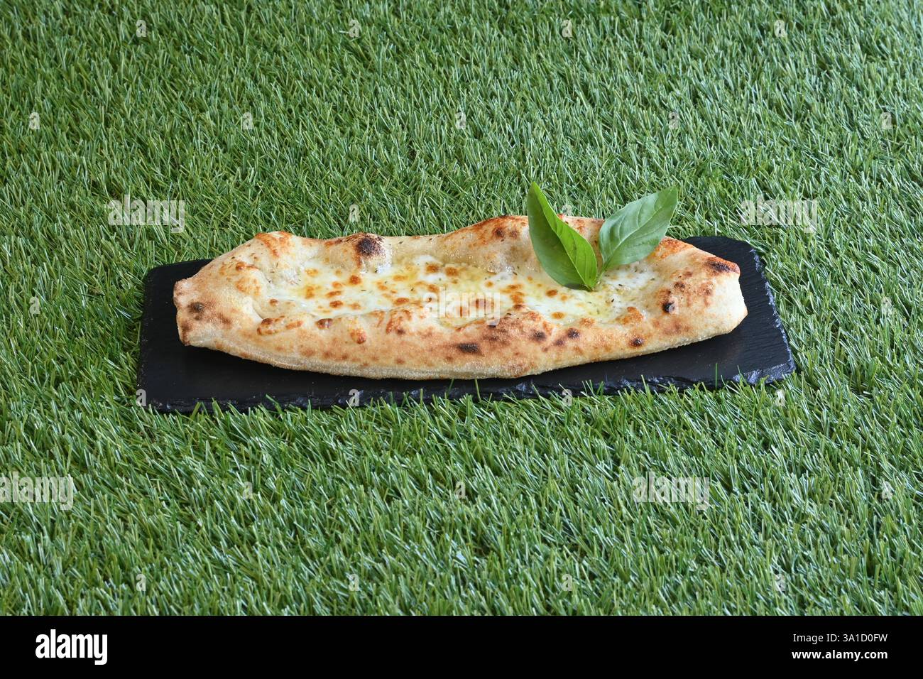 A pizza with a basil leaf on top is sitting on a black plate on a green ...