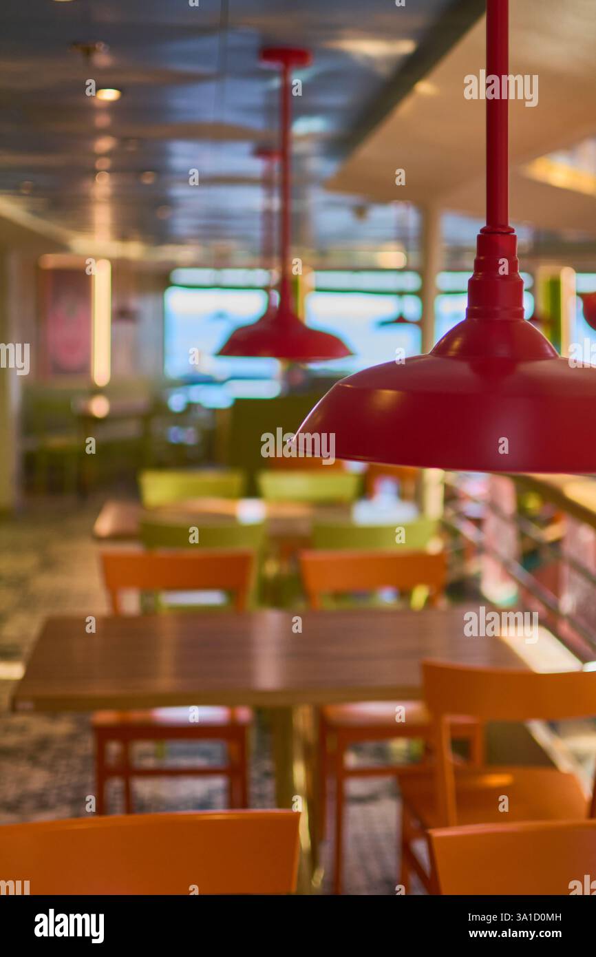 A vibrant restaurant scene highlighting colorful seating, contemporary ...