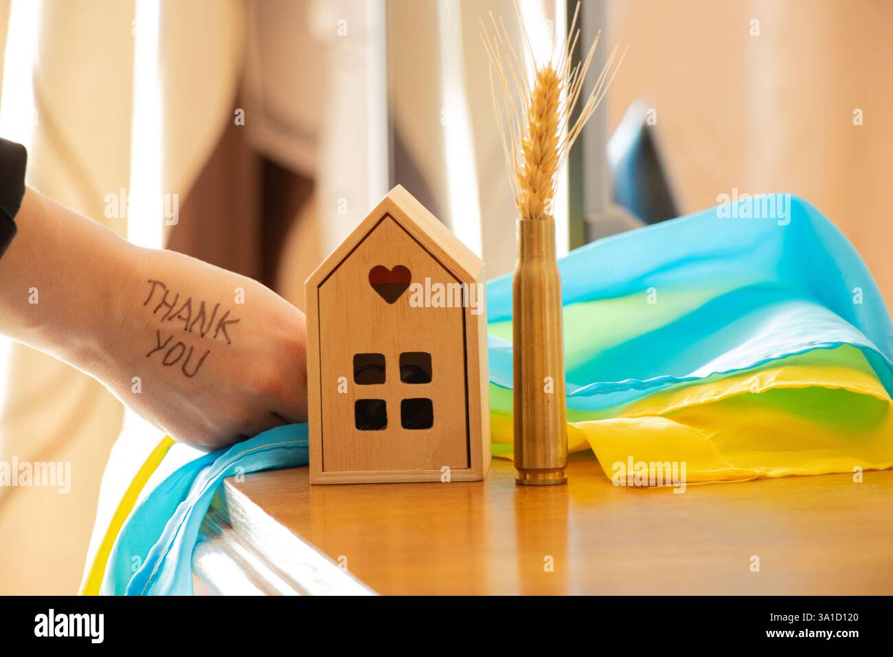 Thank you is written on the hand that lies near the house and bullets ...