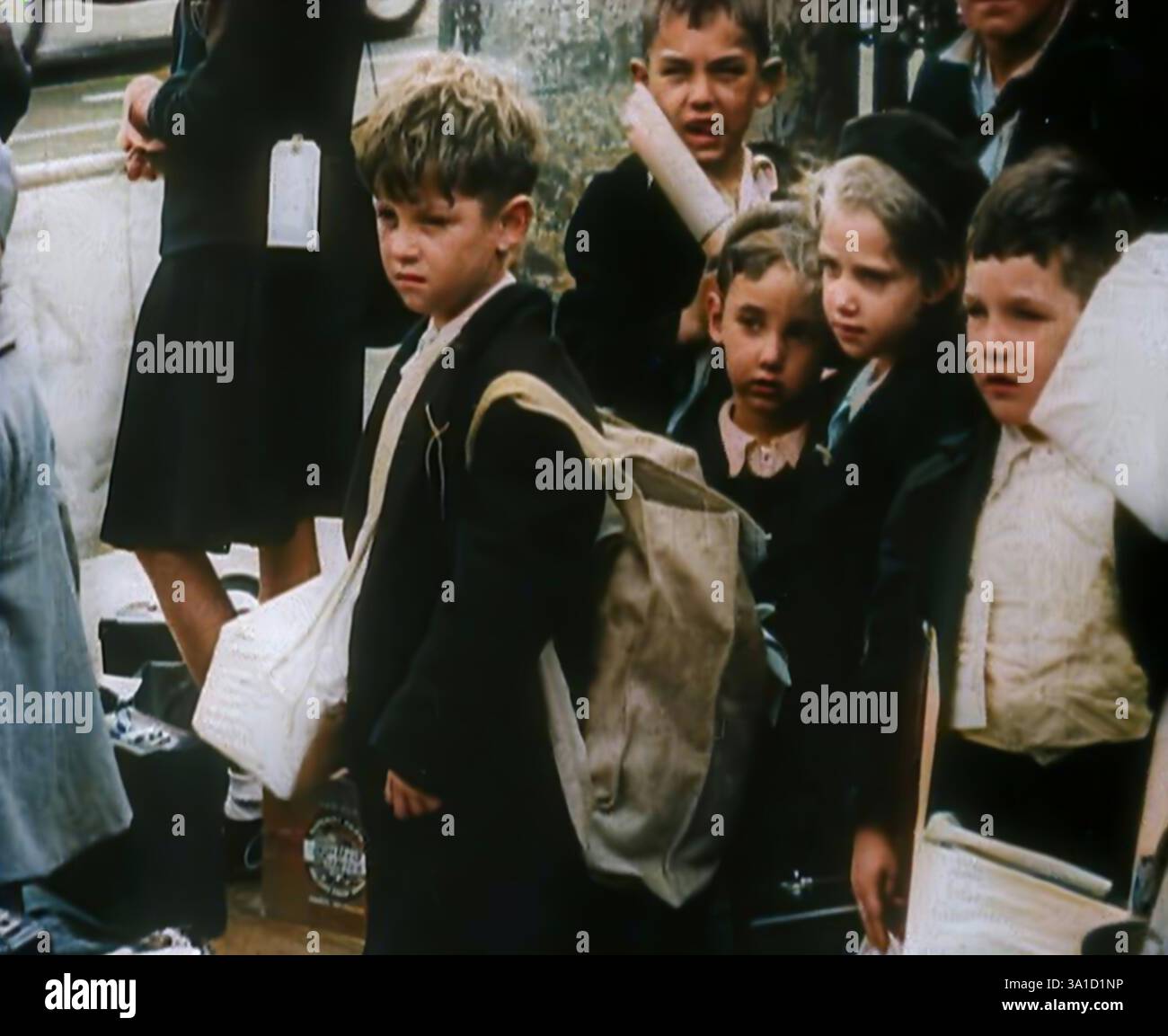 British Child Evacuees Standing on a Pavement With Bags and Boxes as ...