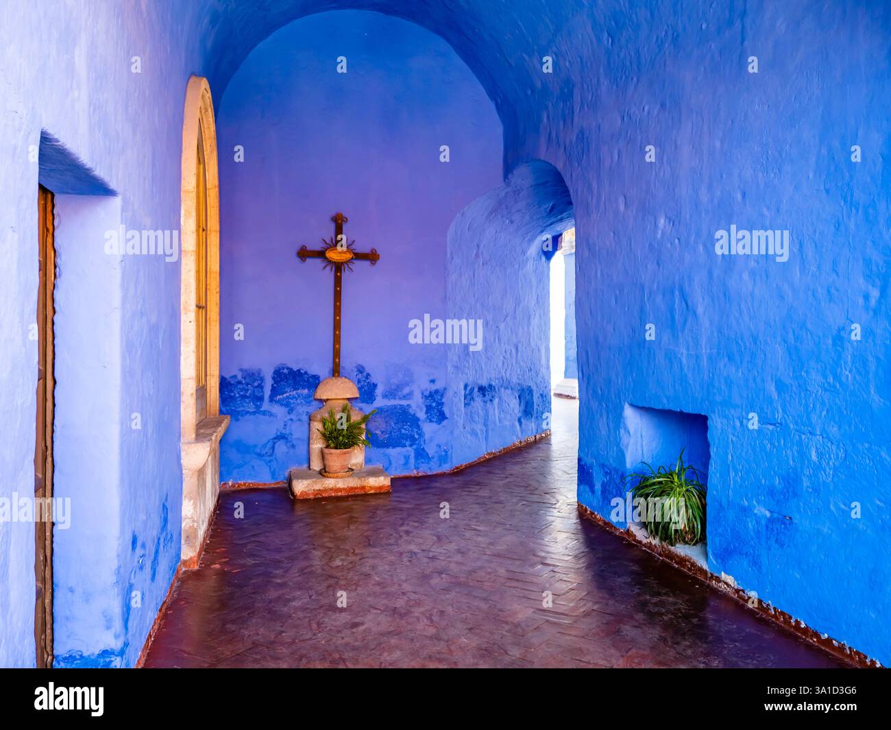 Impressive hallway in the ancient Santa Catalina monastery with purple ...