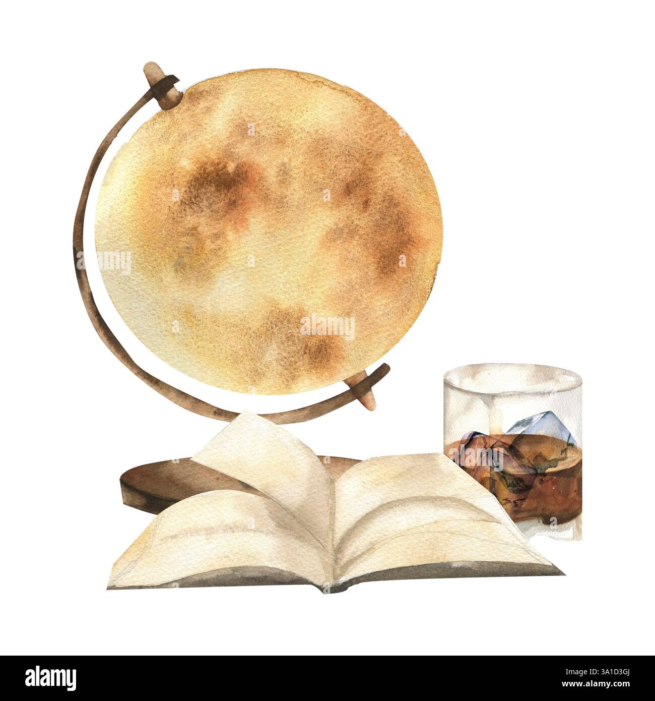 Vintage globe with opened book and glass with drink watercolor ...