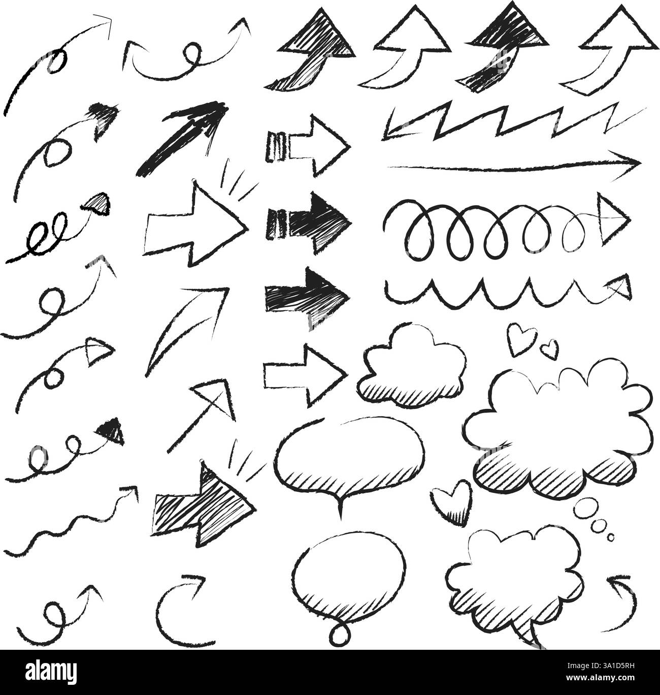 Collection of doodle arrow icons, bubble speech balloons and hearts ...