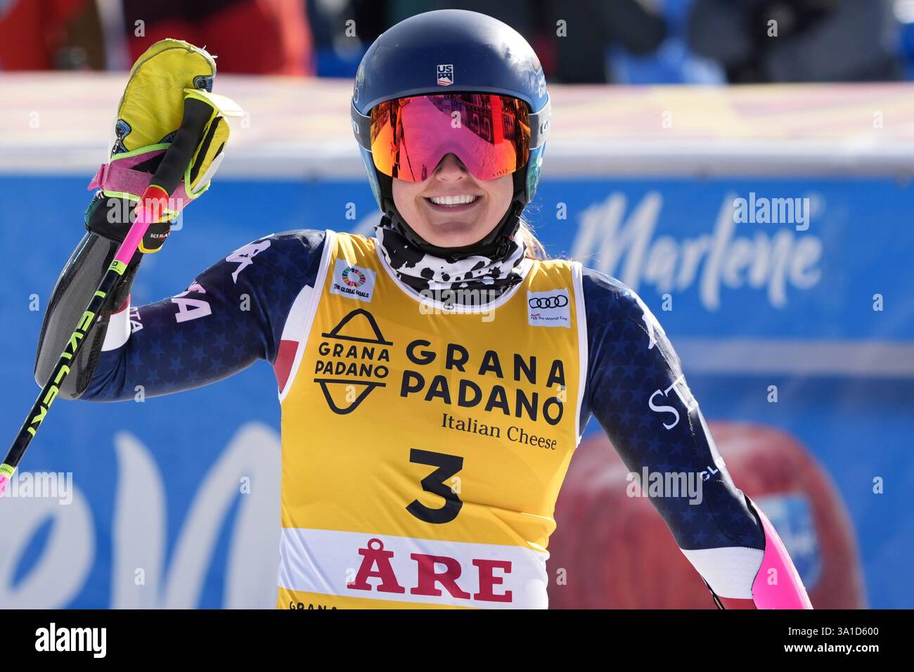 United States' Paula Moltzan reacts after completing an alpine ski ...