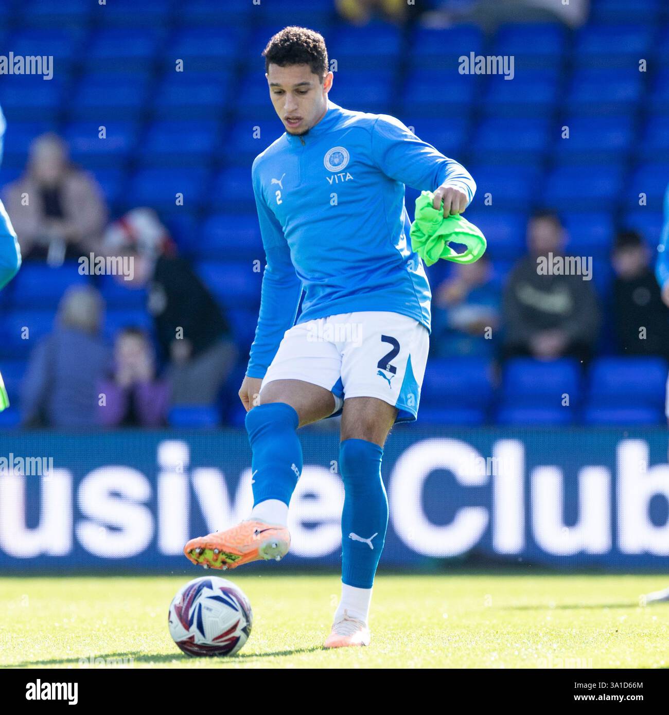 Kyle Knoyle #2 of Stockport County F.C. warms-up before the match ...