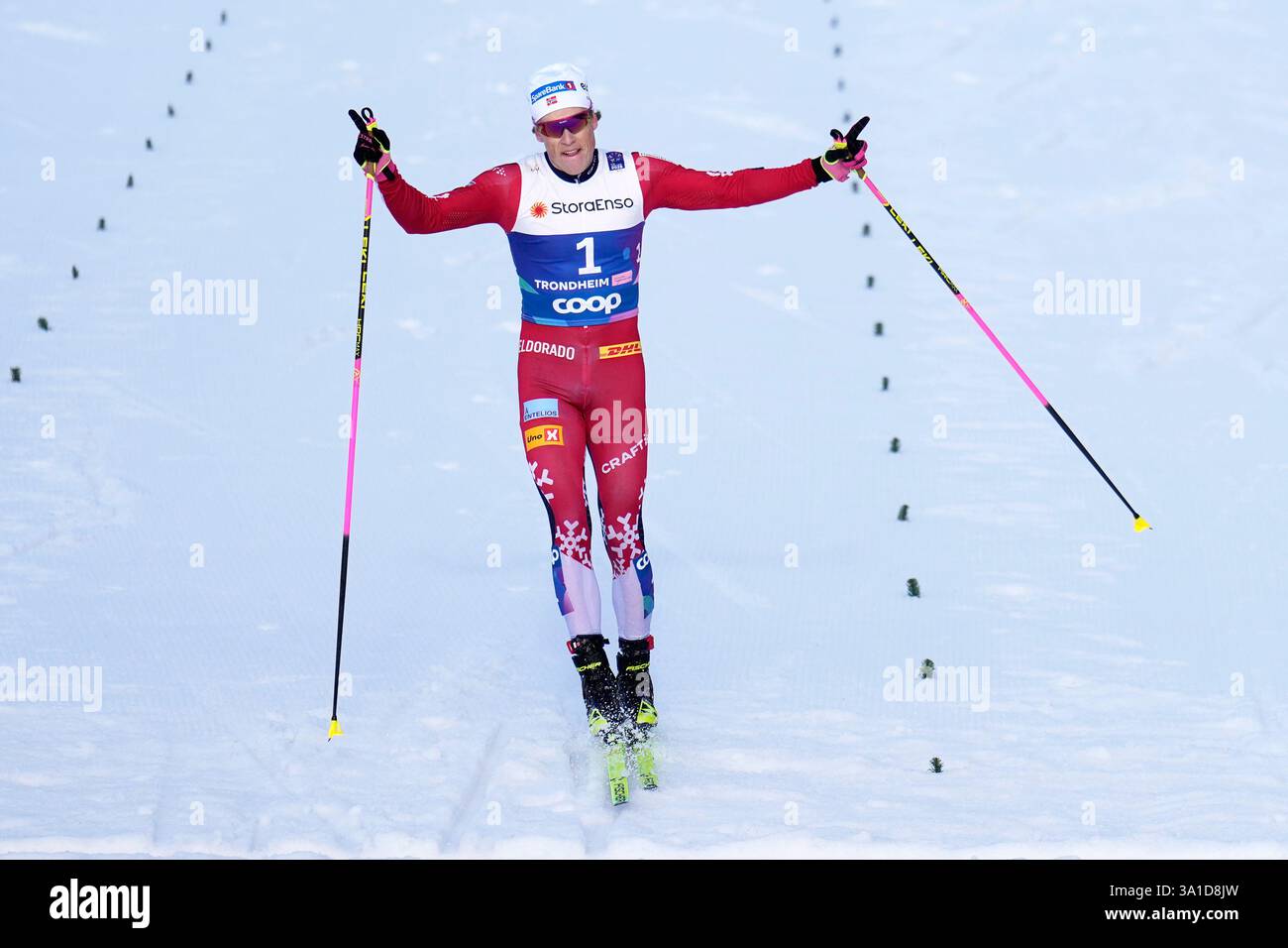 Johannes Hoesflot Klaebo, of Norway, crosses the finish line to win the ...