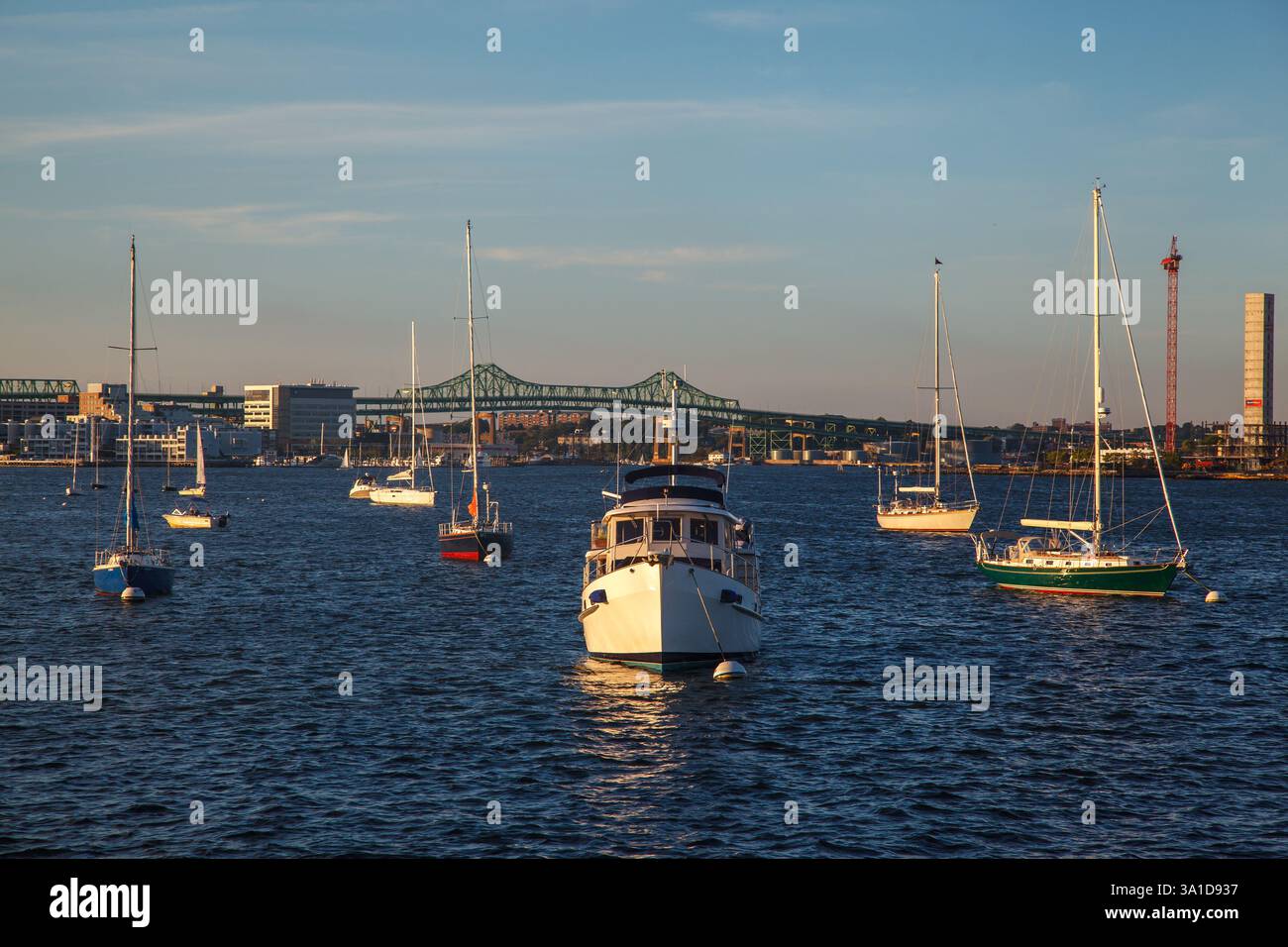 Sailboats at sunset,the waterfront and Maurice J. Tobin Memorial Bridge ...