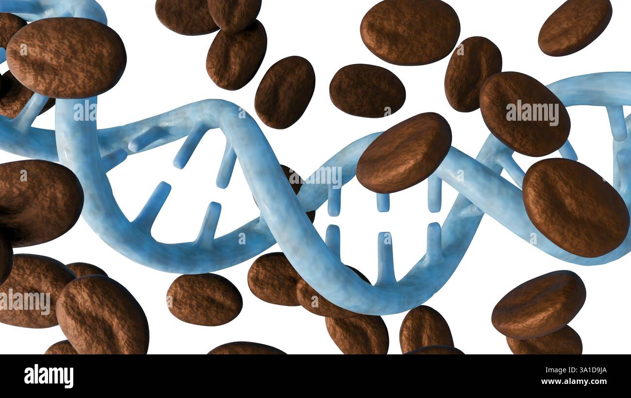 A 3D rendering depicts several scattered, roasted coffee beans ...